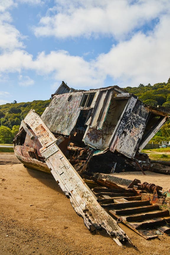 Decayed Shipwreck on Sandy Beach Completely Falling Apart Stock Image ...