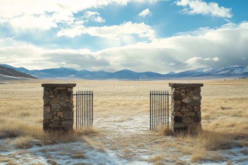 A Decayed Stone Gate, Wide-open Scenery, and Distant Hills Stock Photo ...