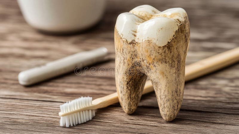 Decayed Tooth Model with Bamboo Toothbrush on Wooden Surface Stock ...