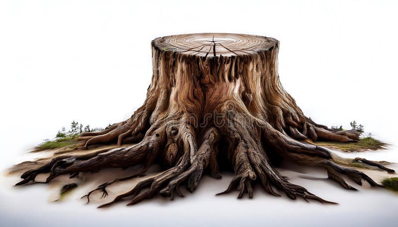 Decayed Tree Stump with Roots Protruding from a White Surface. There ...