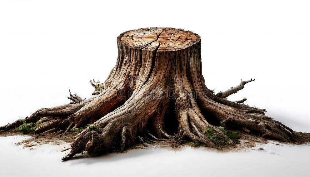 Decayed Tree Stump with Roots Protruding from a White Surface. There ...