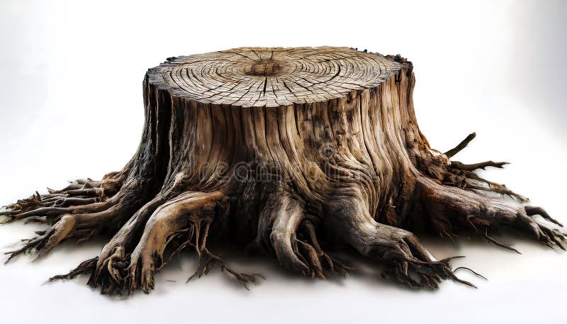 Decayed Tree Stump with Roots Protruding from a White Surface. There ...