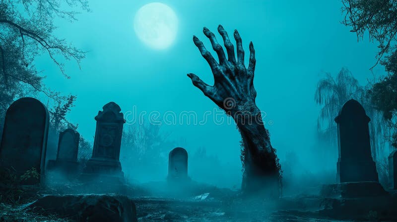 A Decayed Zombie Hand Rises from a Grave Under a Full Moon in a Spooky ...