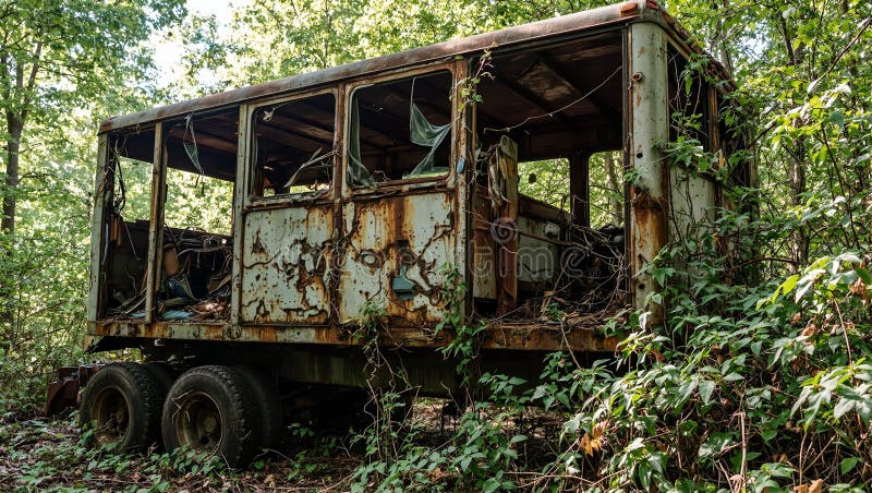 Decaying Abandoned Trailer in Overgrown Forest Sunlight Filtering ...
