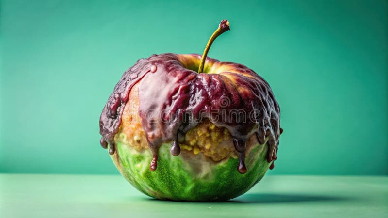 A Decaying Apple Covered in a Dark, Viscous Substance Sits on a Muted ...