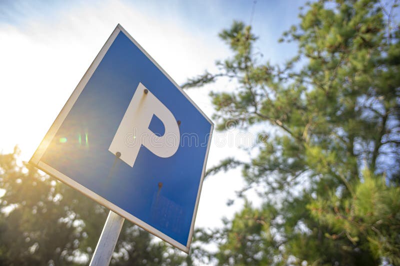 Decaying Blue Square Informative Road Sign in Backlight with Flare ...