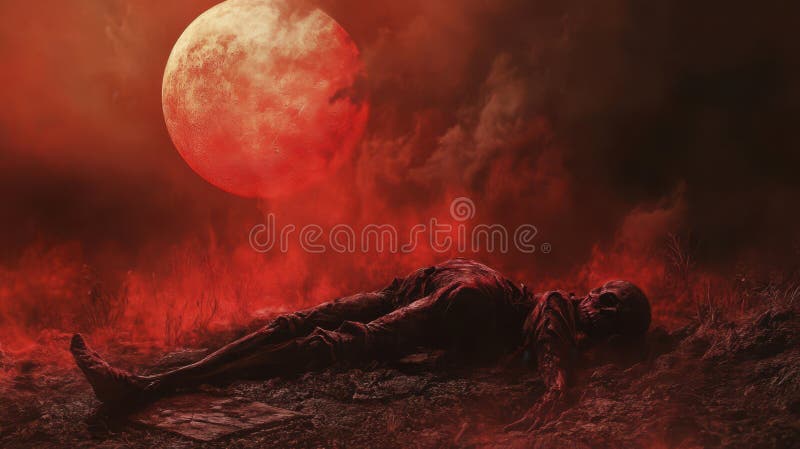 Decaying Corpse Crawling Out of an Open Grave Under a Blood Red Moon ...