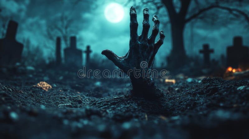 A Decaying Hand Reaching from the Grave in a Graveyard at Night Stock ...