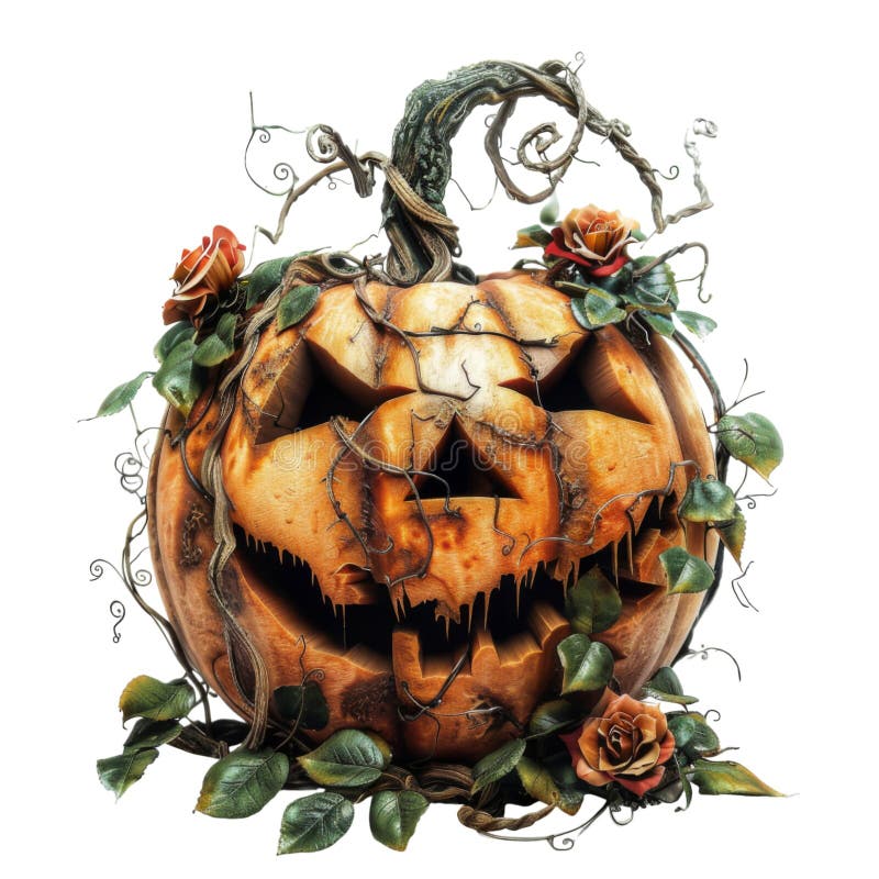Decaying Jack-o -Lantern with Twisted Vines and Roses Stock Image ...