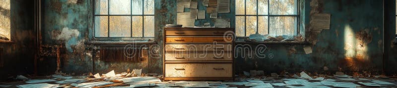 A Decaying Office with Scattered Documents and a Worn Filing Cabinet in ...