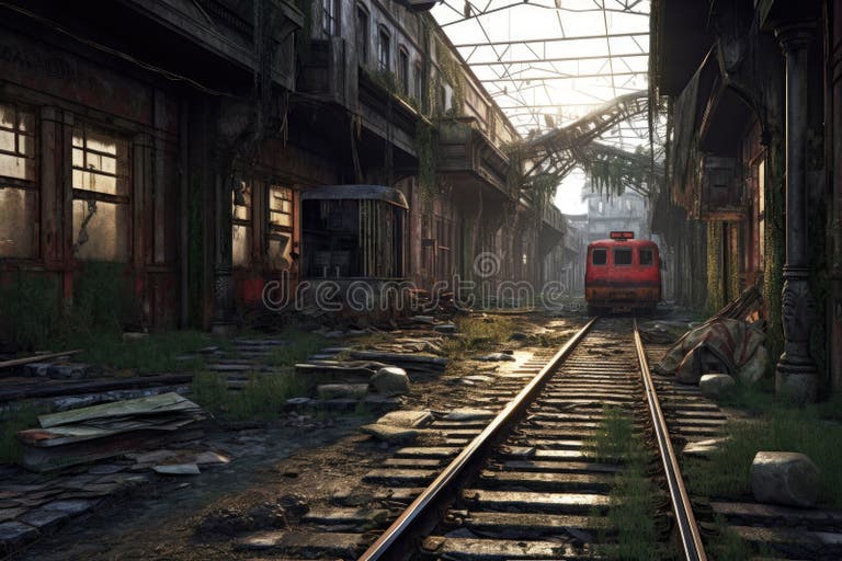 Decaying Railway Station with Empty Tracks Stock Illustration ...