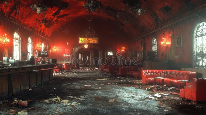 Decaying Red Lounge, Post-Apocalyptic Interior Stock Photo - Image of ...