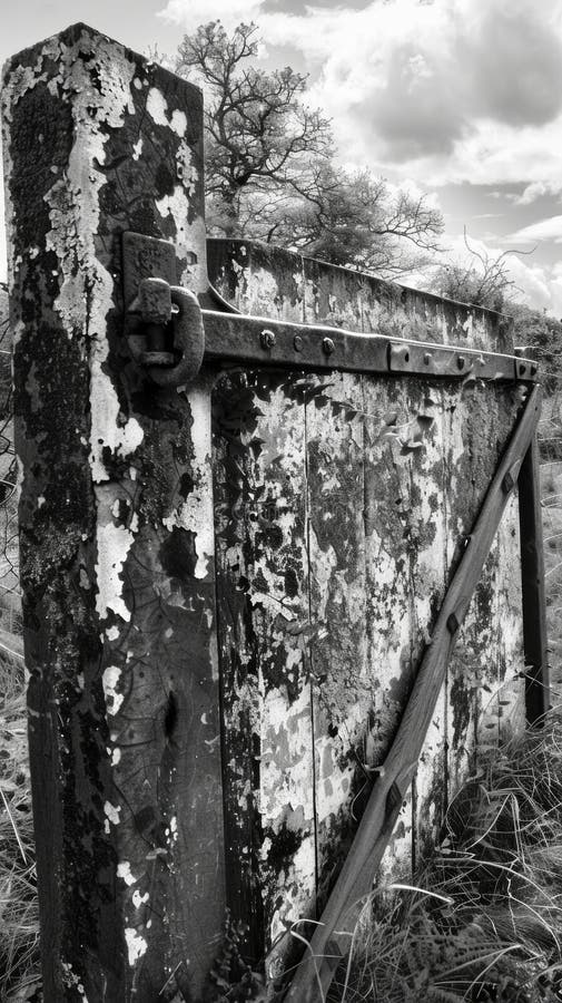 A Decaying Rusted Gate Creaking in the Wind. Black and White Art. Stock ...