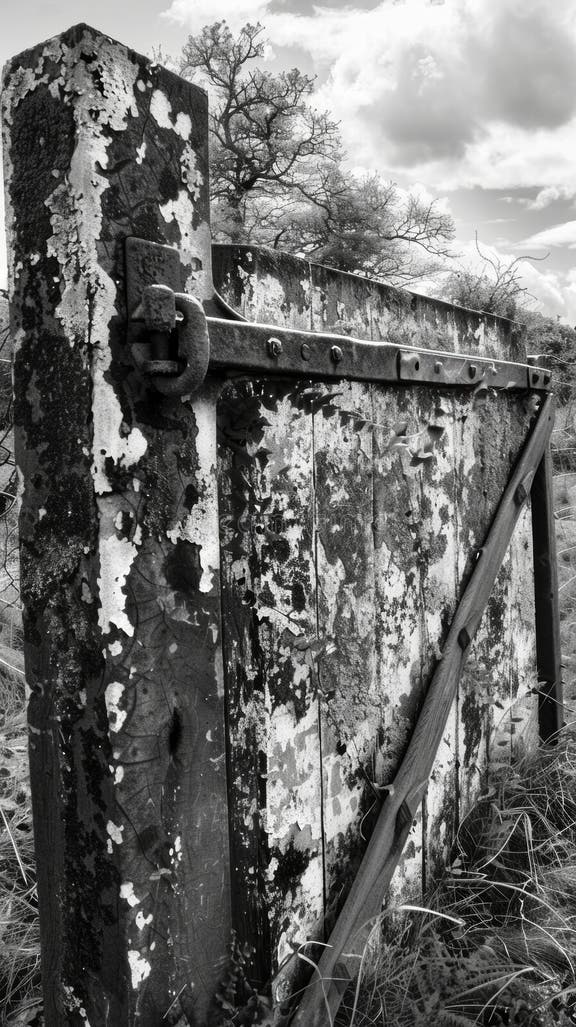 A Decaying Rusted Gate Creaking in the Wind. Black and White Art. Stock ...