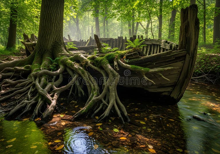 Decaying Ship Hull Overtaken by Tree Roots Stock Illustration ...