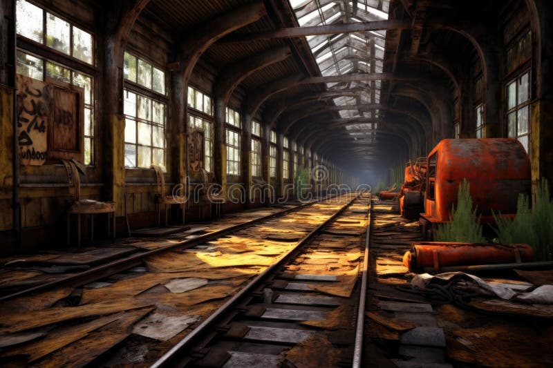 Decaying Train Station Platform with Rusty Tracks Stock Illustration ...