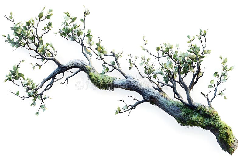 Decaying Tree Branch Covered in Moss with Budding Leaves Isolated on ...