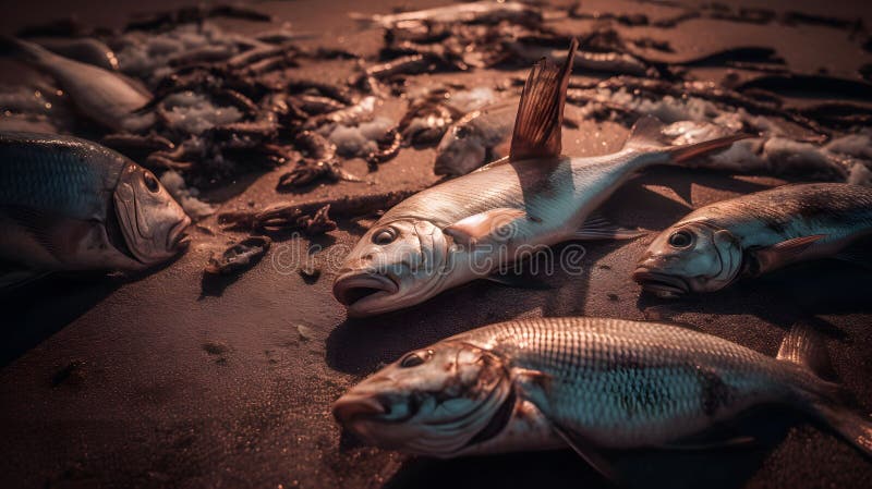 Deceased Fish Lie Scattered Across a Flat Surface, Sea Pollution ...