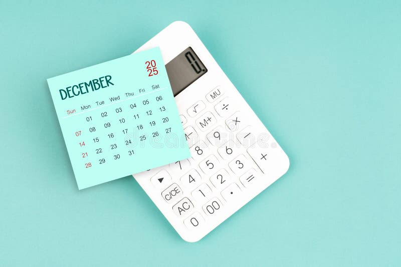 December 2025 Calendar Card with Calculator on Blue Background Stock ...