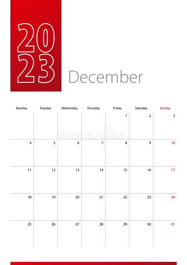 December 2023 Calendar Design. Week Starts on Monday. Vertical Calendar ...