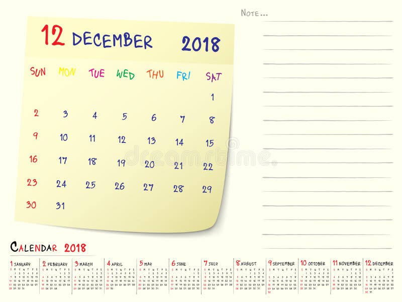December 2018 Calendar Paper Note Design Stock Vector - Illustration of ...