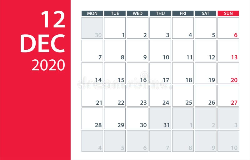 December 2020 Calendar Planner - Vector Illustration. Template. Mock Up ...