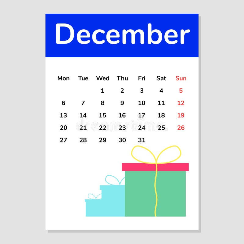 December 2021 Calendar Sheet with Gift Illustration. Vector. Isolated ...