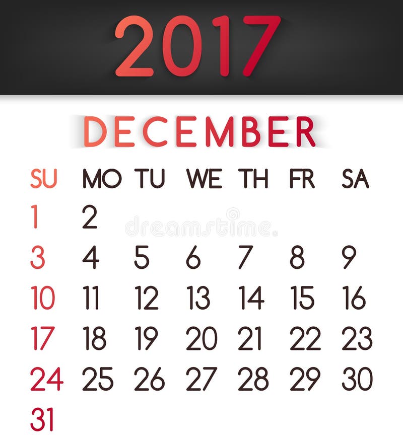 December 2017 Calendar Vector in a Flat Style in Red Tones. Stock ...