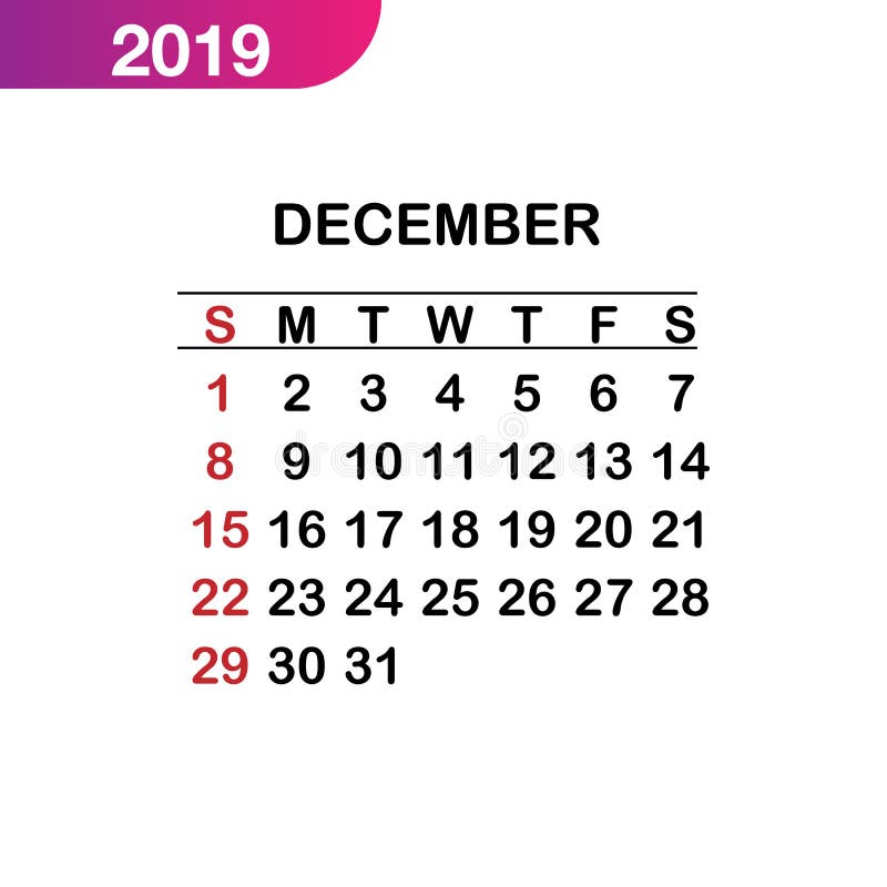 December Calendar 2019, Week Starts from Sunday, Business Template ...