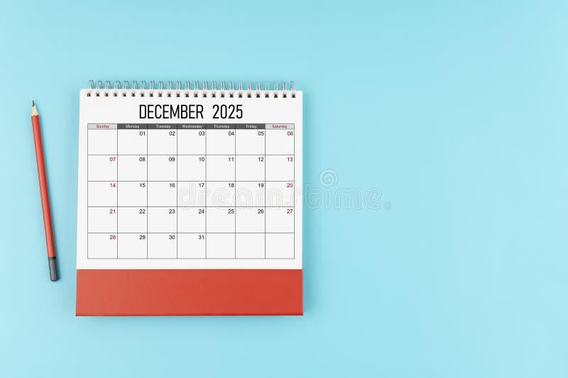 December Desk Calendar for 2025 Year with Pencil on Blue Background ...