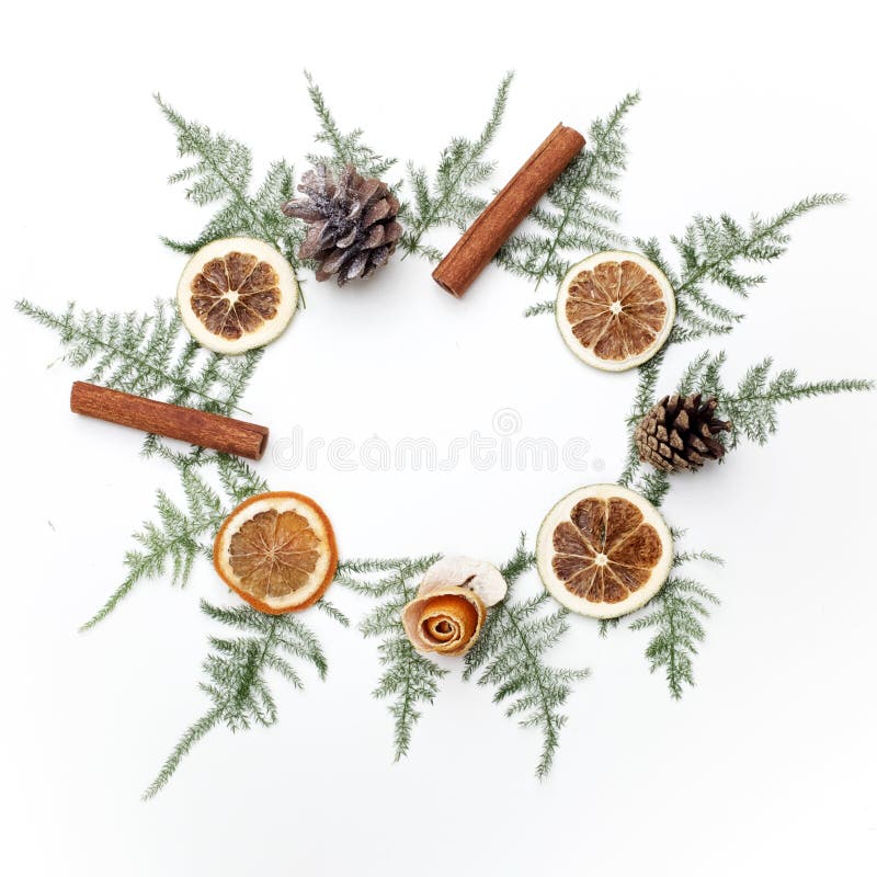 December Frame from Christmas Tree Branches. Flat Lay Stock Image ...