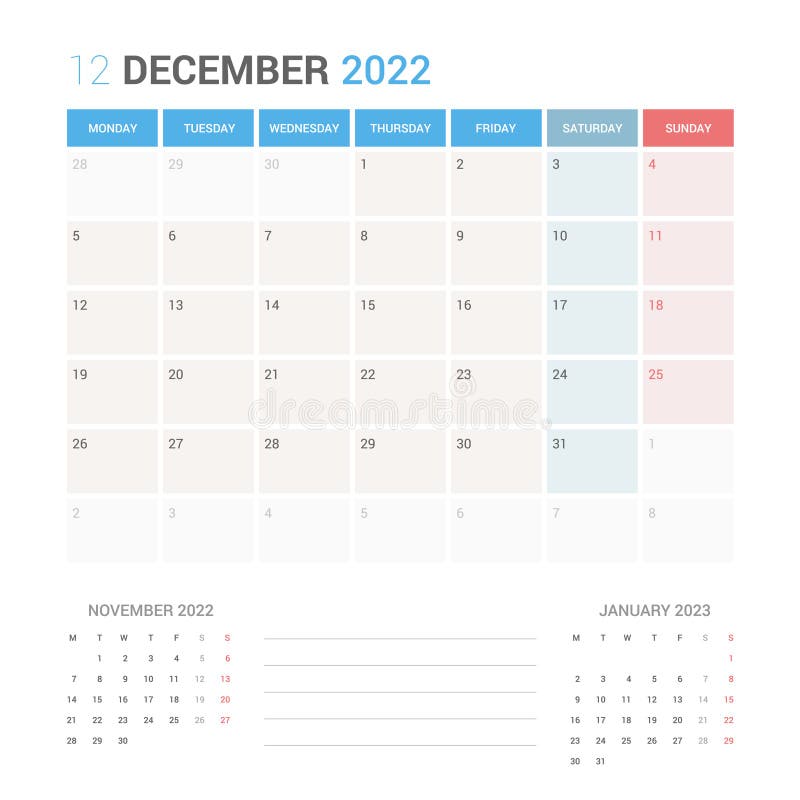December 2022 Planner Calendar Week Starts on Monday. Stock Vector ...