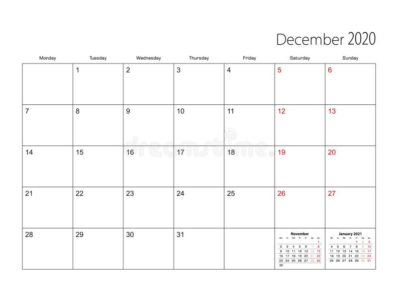 2020 December Planner Calendar Design. Week Starts from Monday Stock ...