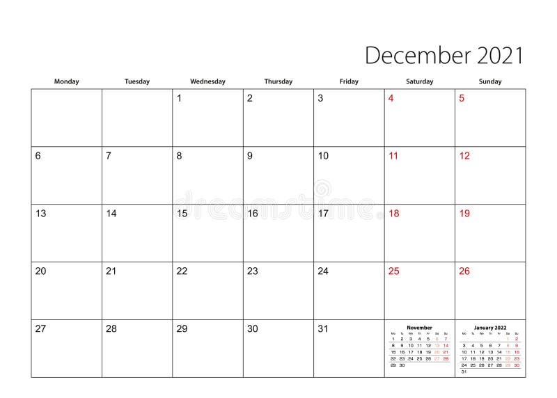 December 2021 Simple Calendar Planner, Week Starts from Monday Stock ...