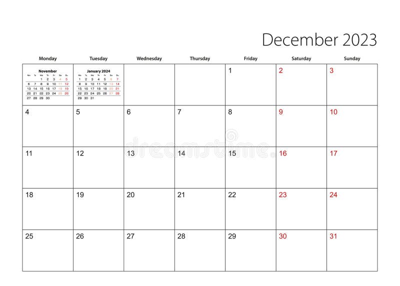 December 2023 Simple Calendar Planner, Week Starts from Monday Stock ...