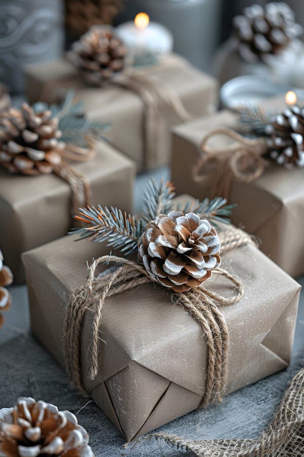 December Traditions: Wrapped Present with Spruce, Pine Cone, and Ribbon ...