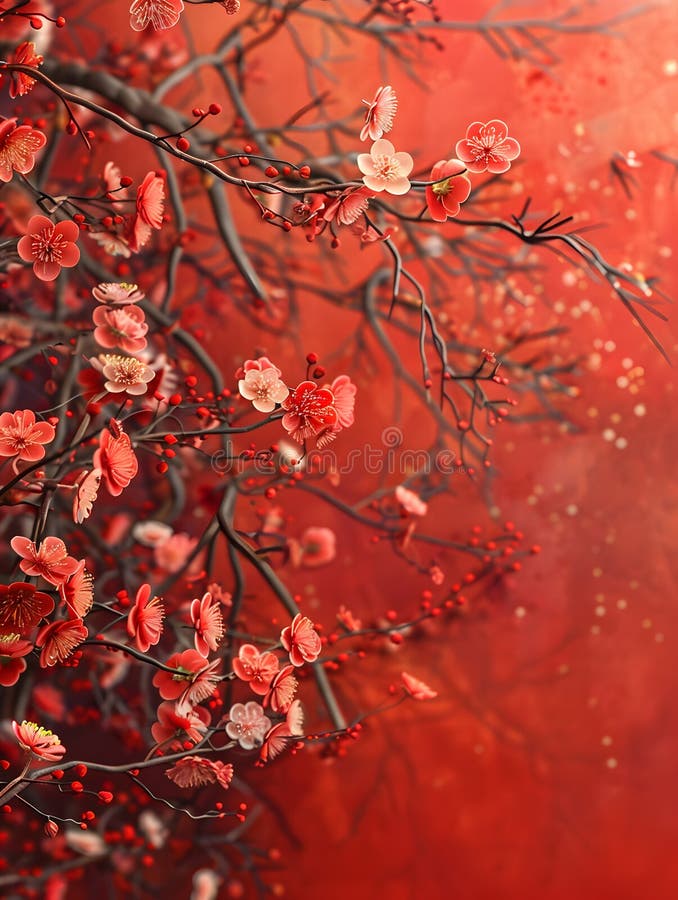 Deciduous Tree with Red Flowers on Orange Background Stock Image ...