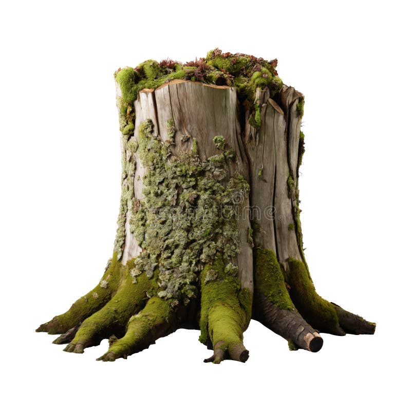 Deciduous Tree Stump with Moss Fungus and Leaves Isolated on White or ... Deciduous Tree Stump with Moss Fungus and Leaves Isolated on White or ...