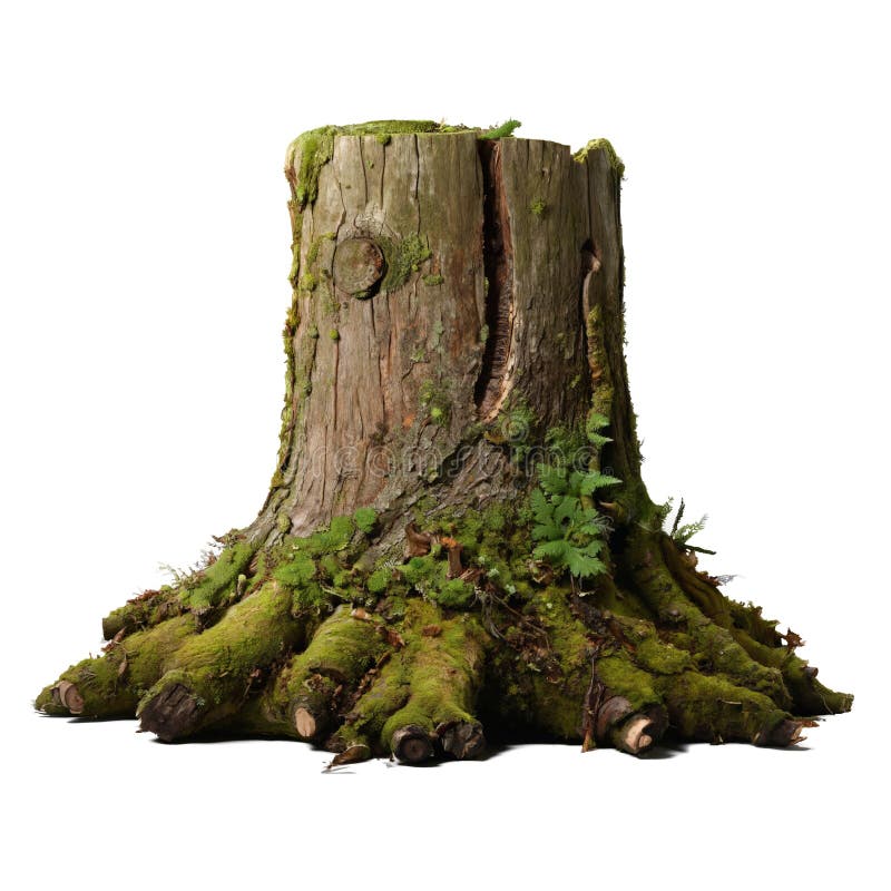 Deciduous Tree Stump with Moss Fungus and Leaves Isolated on White or ... Deciduous Tree Stump with Moss Fungus and Leaves Isolated on White or ...