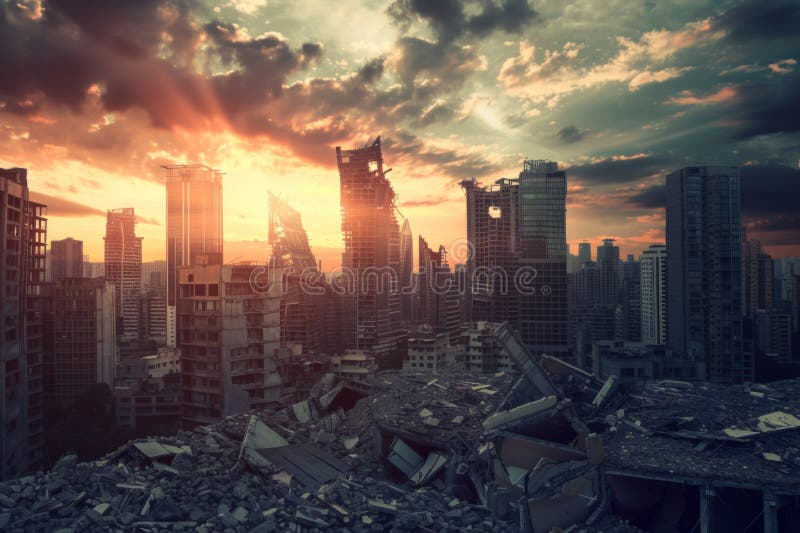 Decimated City Skyline with Rubble in Foreground Stock Image - Image of ...