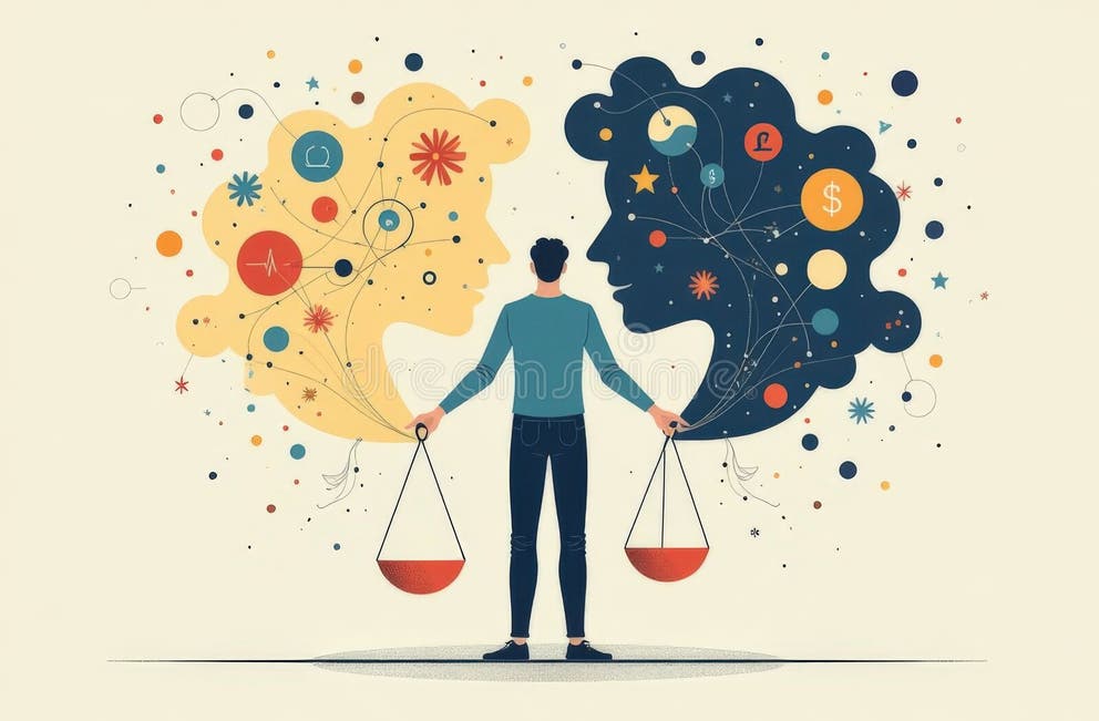 Decision-making Concept with Male Balancing Two Thought Bubbles in ...