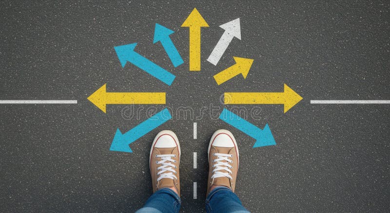 Decision-making Concept: Multiple Arrows with Feet Pondering Directions ...