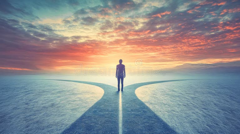 Decision-making at a Crossroads during a Beautiful Sunset with Dramatic ...