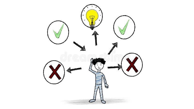 Decision-Making Process Concept. Sketch Character Stand with Checkmark ...