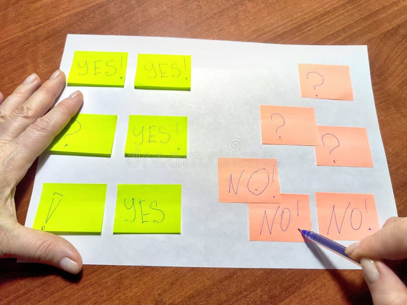 Decision-Making Process with Sticky Notes on Table. a Person is ... Decision-Making Process with Sticky Notes on Table. a Person is ...