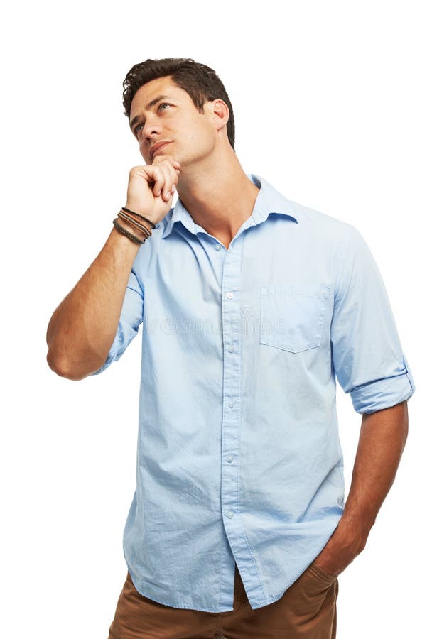 Decision, Thinking and Man in Studio for Solution, Innovation or Brainstorming for Future. Ideas ...