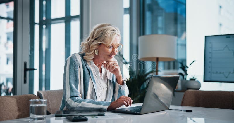 Decision, Thinking and Woman in Office, Laptop and Internet with ...