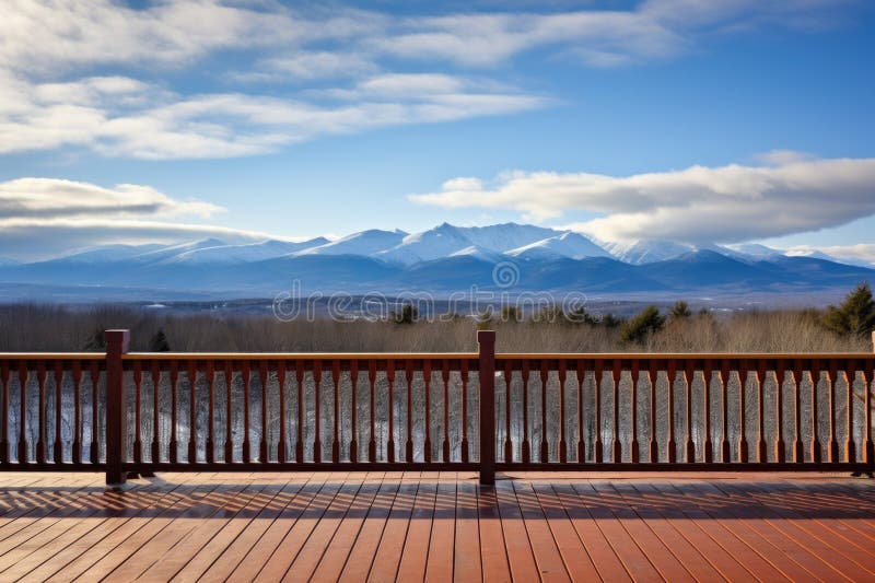 A Deck with Carved Railings and a Panoramic Mountain View Stock Image ...