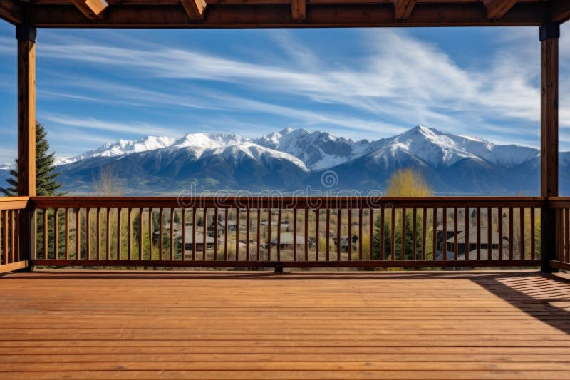 A Deck with Carved Railings and a Panoramic Mountain View Stock Photo ...