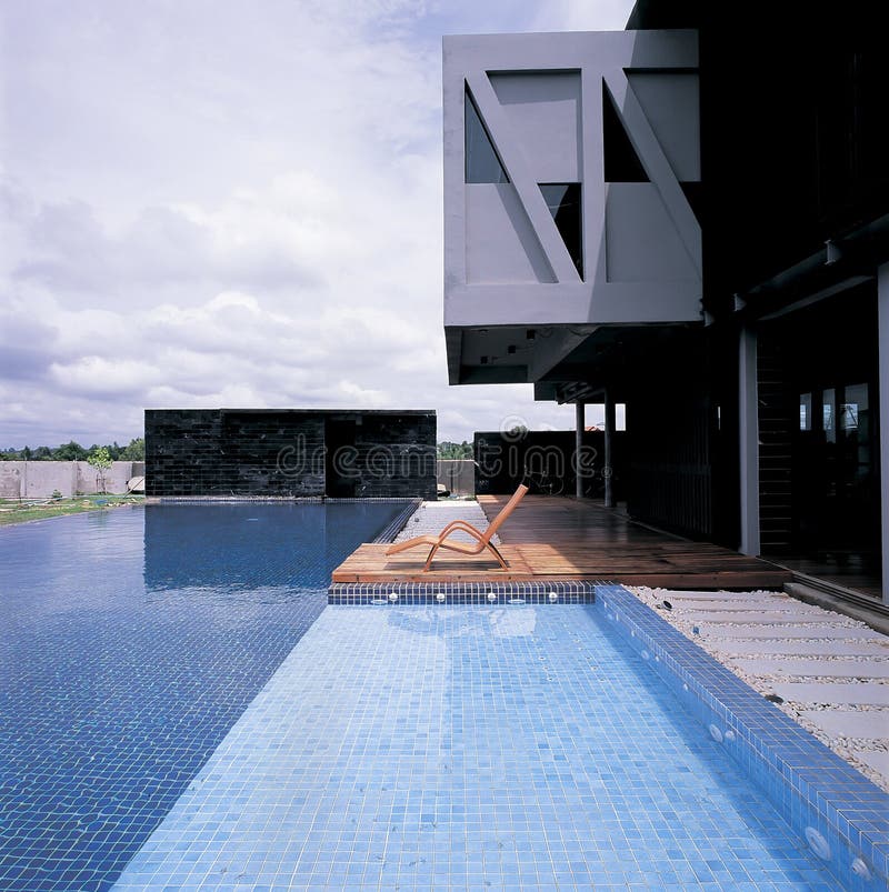 Deck Chair on the Wood Desk beside the Pool Stock Photo - Image of lawn ...